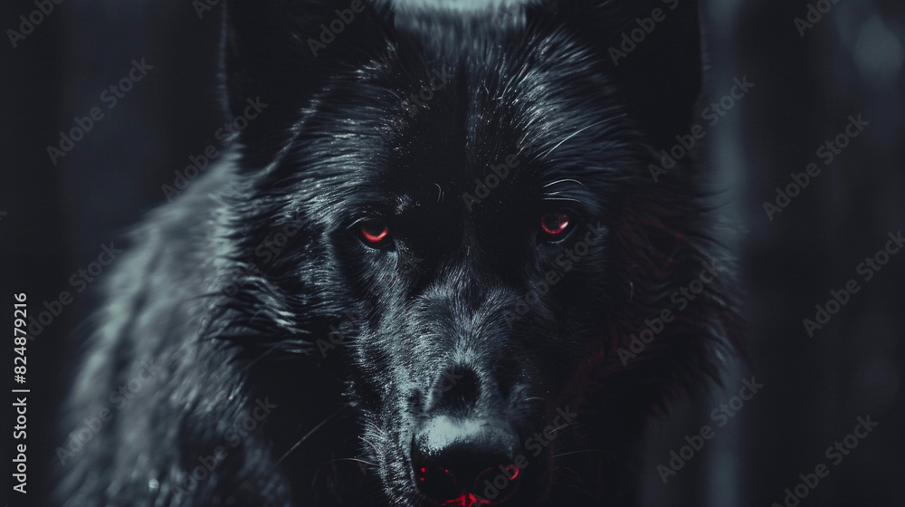 Black wolf, red eyes. Striking portrait of a black wolf with intense ...