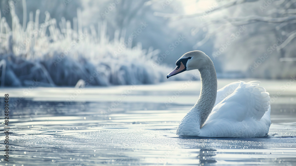 Graceful swan on a frozen lake. A beautiful white swan glides across ...