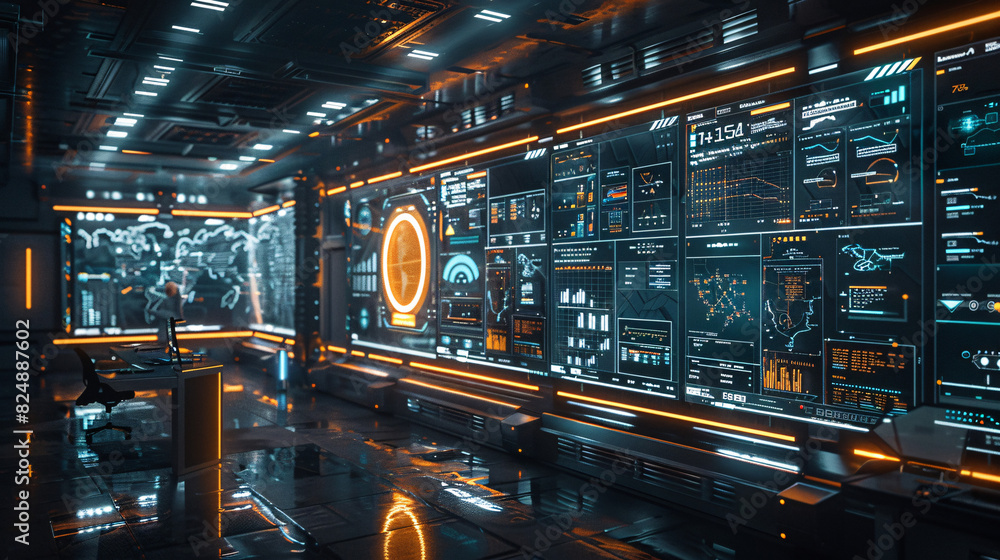 A logistics control center with large digital screens displaying ...