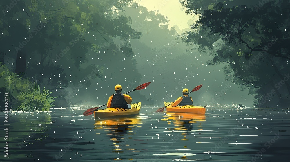 Nature Illustration, Rainy Day Kayaking on a Lake: An illustration of ...