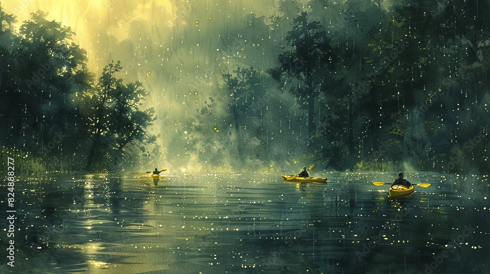 Nature Illustration, Rainy Day Kayaking on a Lake: An illustration of ...