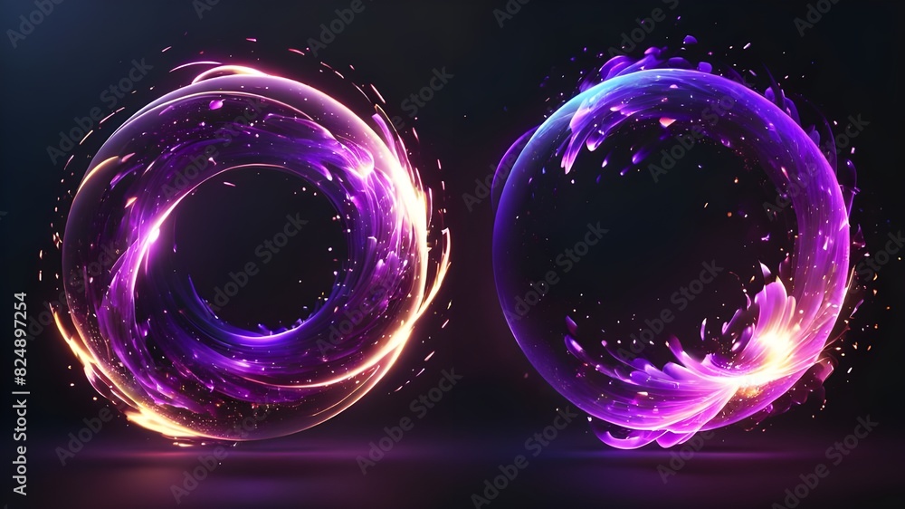 Abstract neon energy sphere of particles and waves of magical glowing ...
