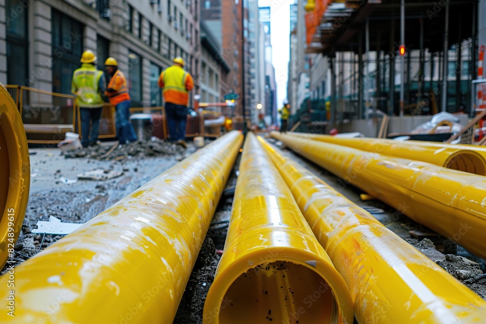 Construction work for replacement of engineering pipes. Workers ...