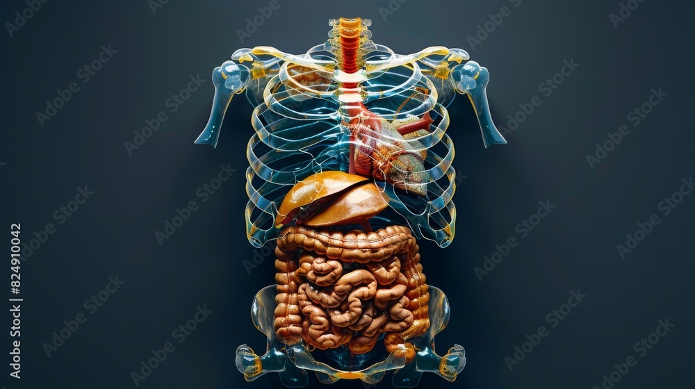 The image shows a human torso with the rib cage, heart, lungs, liver ...