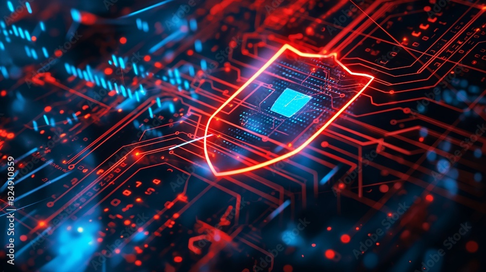 Cybersecurity Defense: A digital shield icon surrounded by programming ...