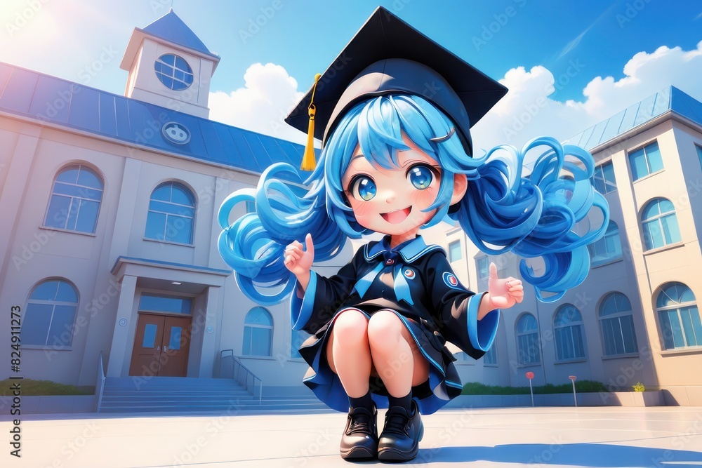 Anime style illustration of a young girl blue hairs in a graduation ...
