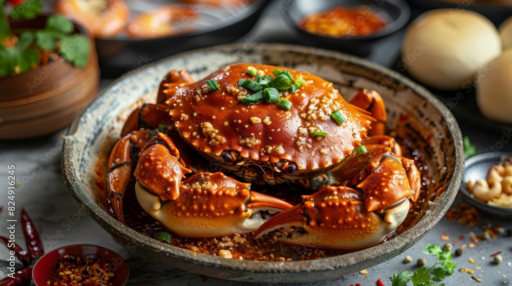 A dish of Singapore chili crab with a tangy, spicy sauce and steamed ...