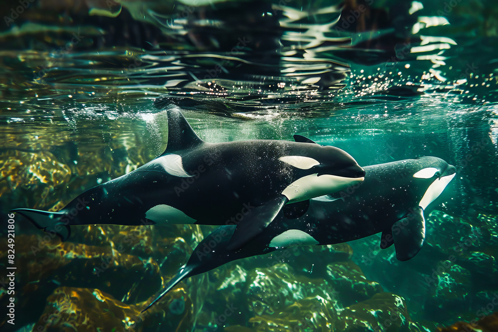 Orcas Swimming Underwater. Generated Image. A digital illustration of a ...