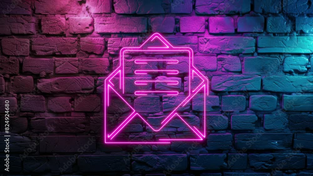 Video footage of Pink glowing Mail, email Icon neon icon on brick wall ...