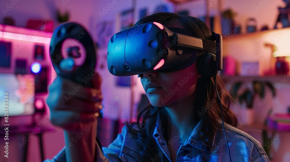 Tech blogger demonstrating a new VR headset in a high-tech gaming room ...