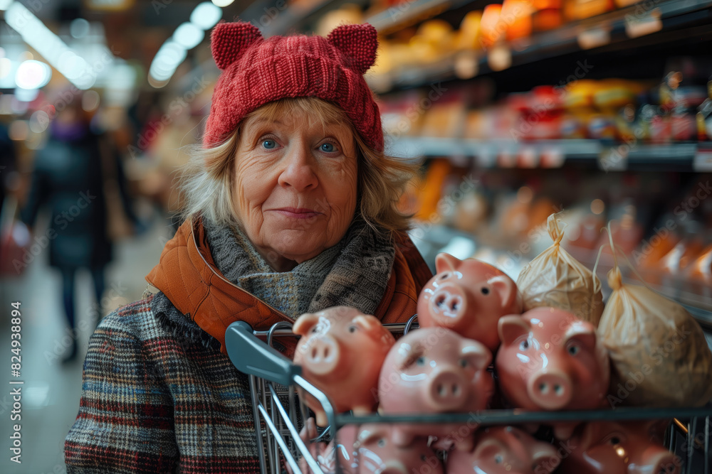 Señora baja jubilada con gorro tejido rojo orejitas, abrigada, en el ...