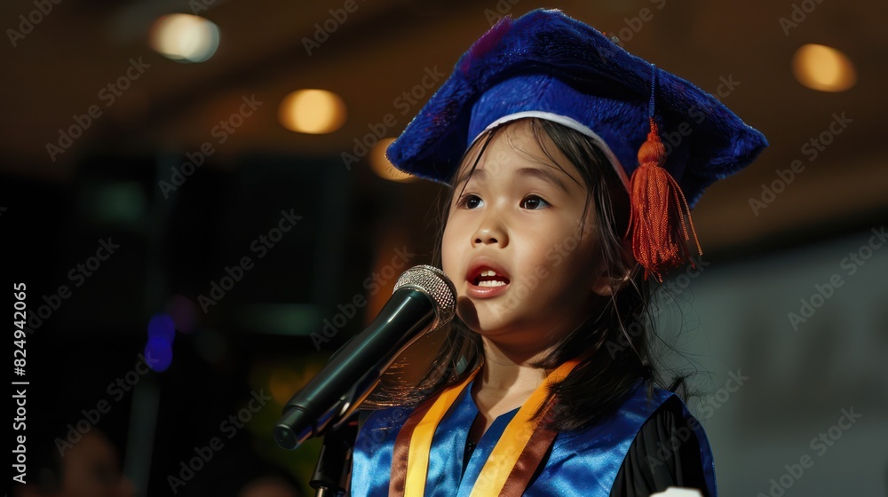 Beautiful elementary school girl wearing graduation gown and toga hat ...