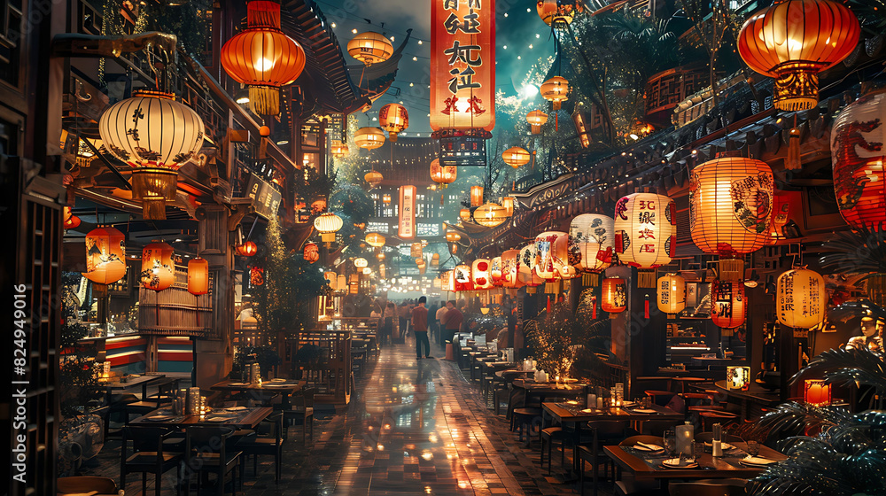 captivating printable mural of bustling Asian night market ideal ...