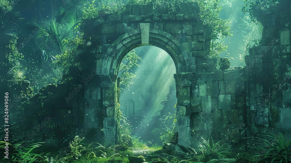 ancient green roman elf archway portal in fantasy jungle medieval ruins ...