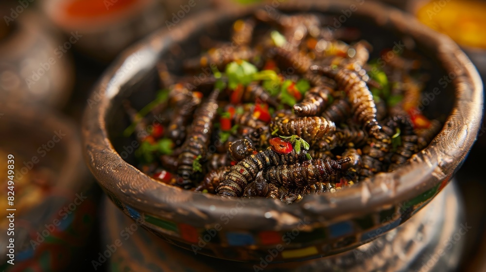 Mopane worms, dried and fried, served as a snack, local Zimbabwean ...