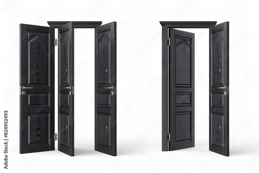 realistic 3d black wooden door frame open and closed with handle and ...