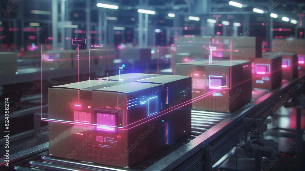 Automatic recognition system reads boxes on the conveyor line in the ...