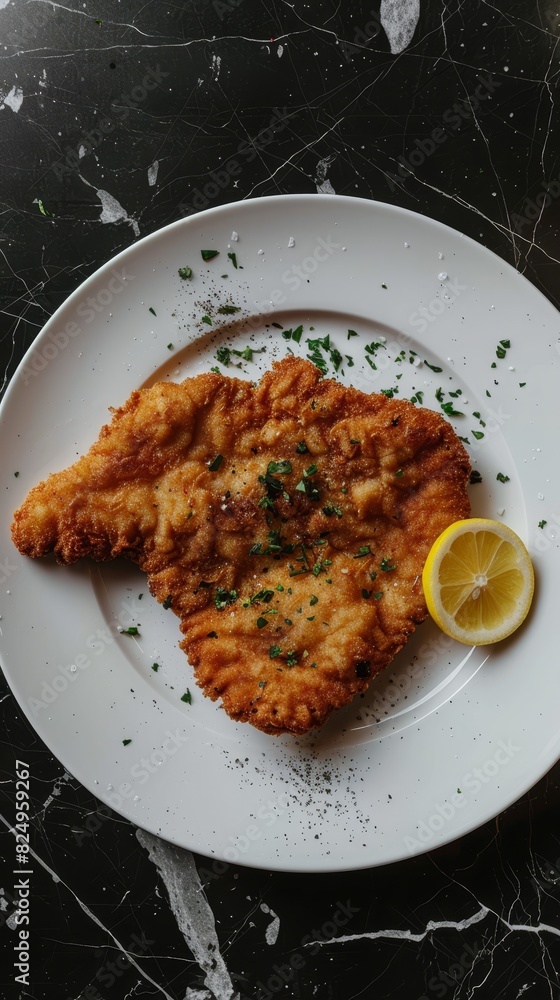 Viennese schnitzel, golden and crispy, lemon wedge on the side, served ...