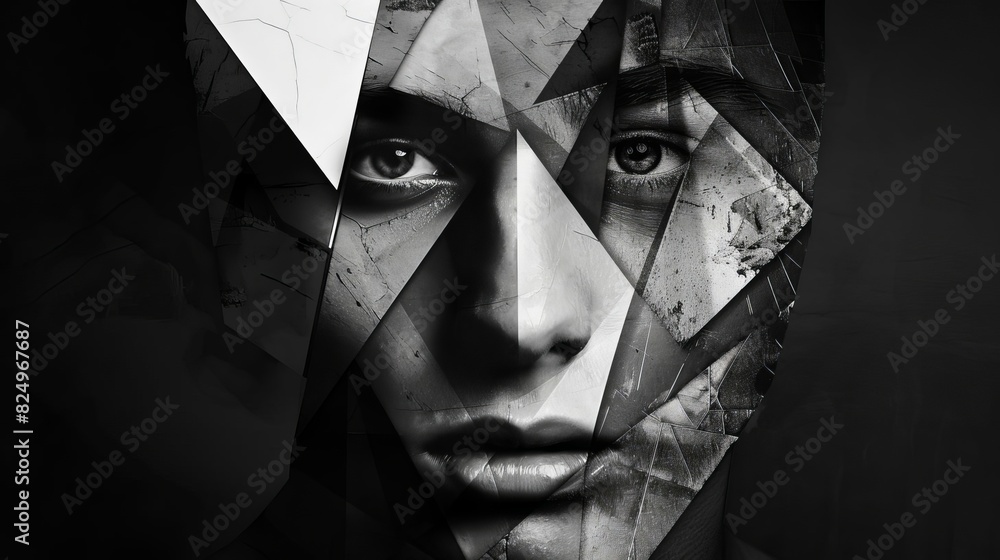 enigmatic surreal black and white portrait face divided into abstract ...
