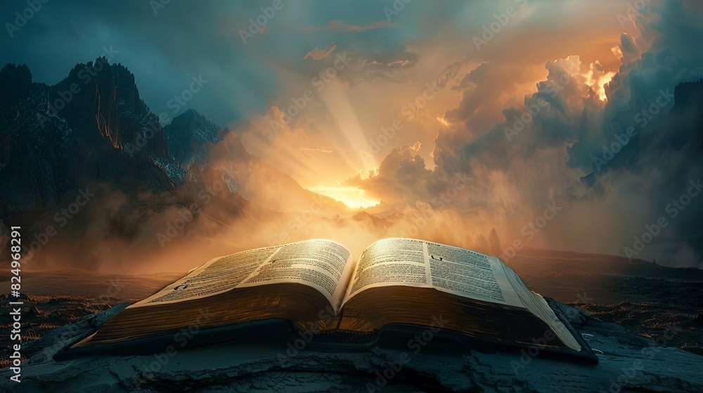 epic cinematic bible presentation book of genesis open on dramatic ...