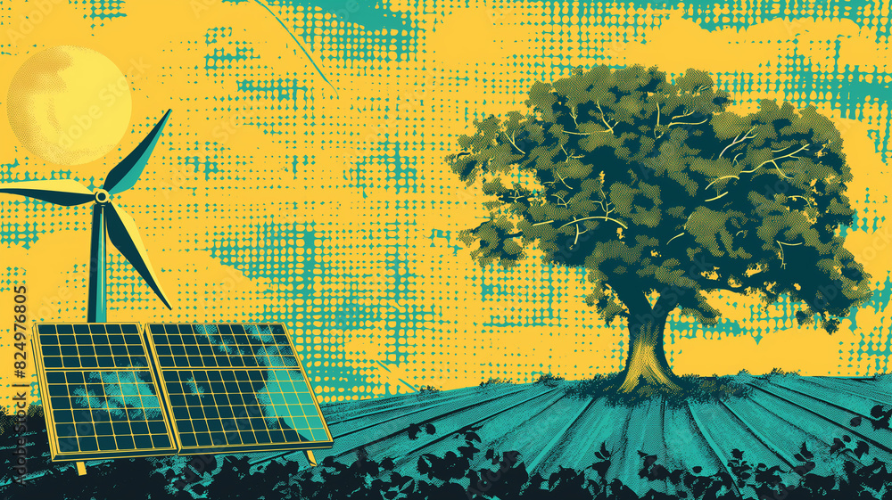 Pop art green energy concept. Tree solar cell panel with windmill on ...