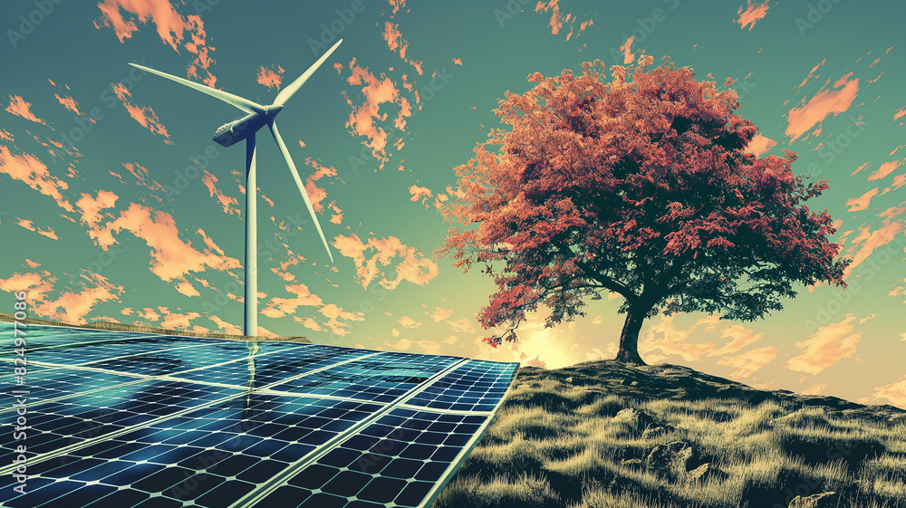Pop art green energy concept. Tree solar cell panel with windmill on ...