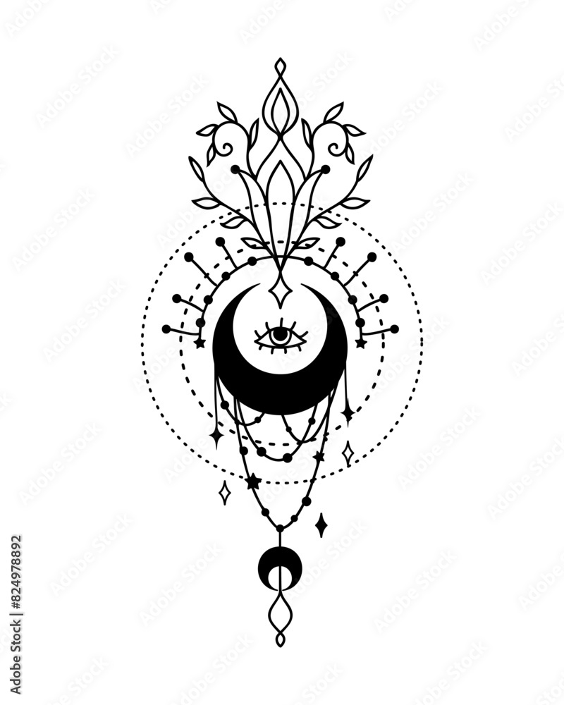 Moon vector illustration, hand drawn celestial boho line art logo ...
