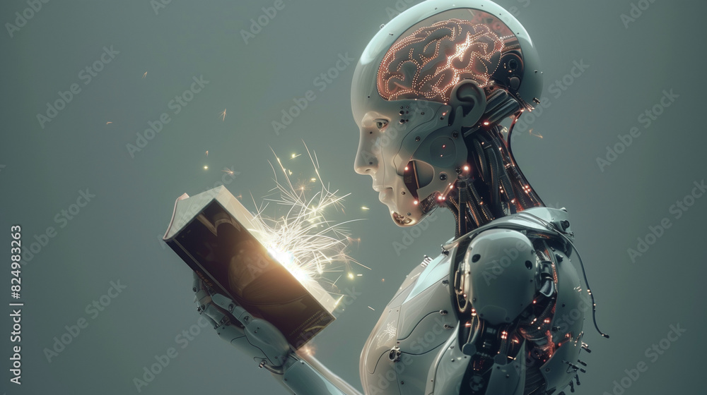 AI, Machine learning, beautiful woman robot read book. digital technology brain deep learning ...