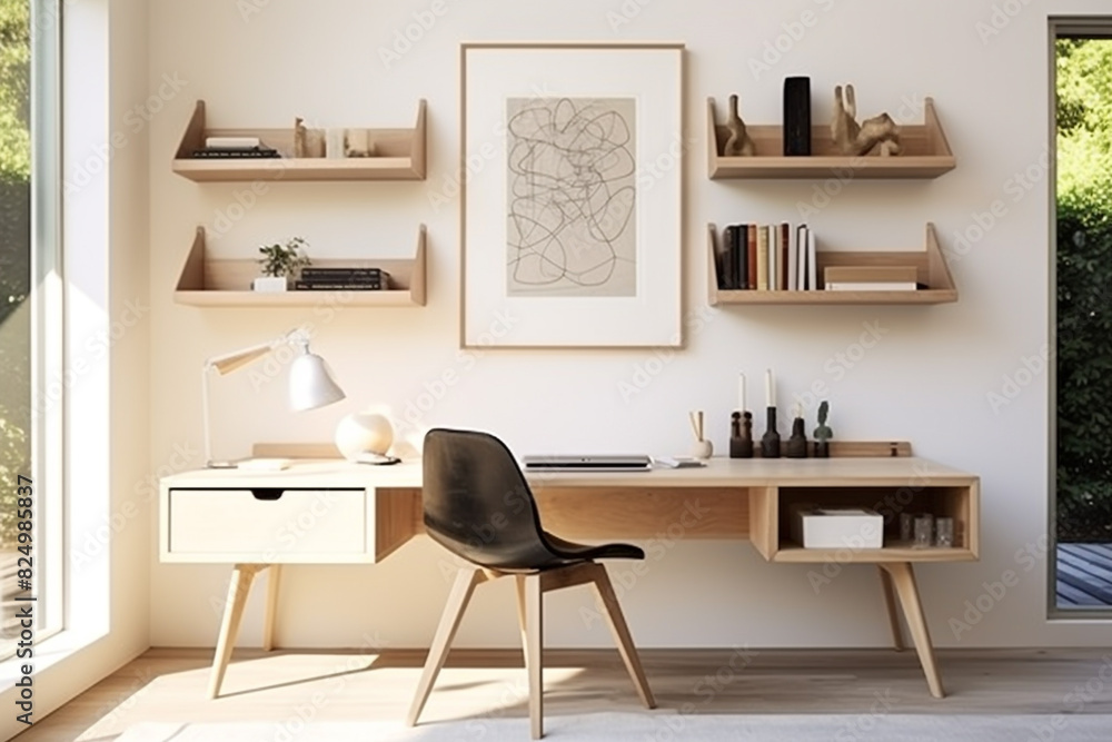 A clean, uncluttered workspace displaying a light-colored desk, a ...
