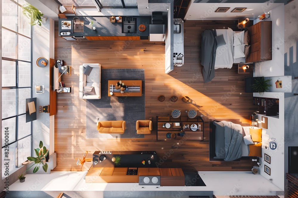 Floor plan of a house top view 3D. Open concept living apartment layout ...