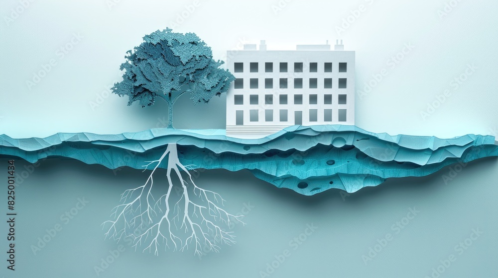Modern building and a tree with roots spreading underground are ...