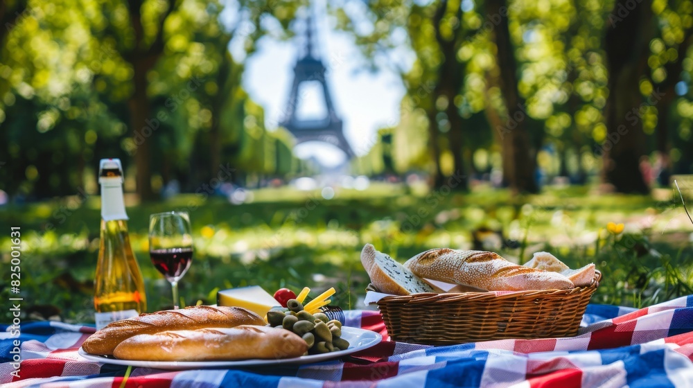French picnic setup with food and Eiffel Tower background for Bastille ...