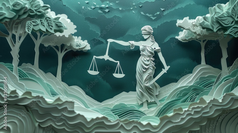 Detailed papercut illustration of Lady Justice holding scales and a ...