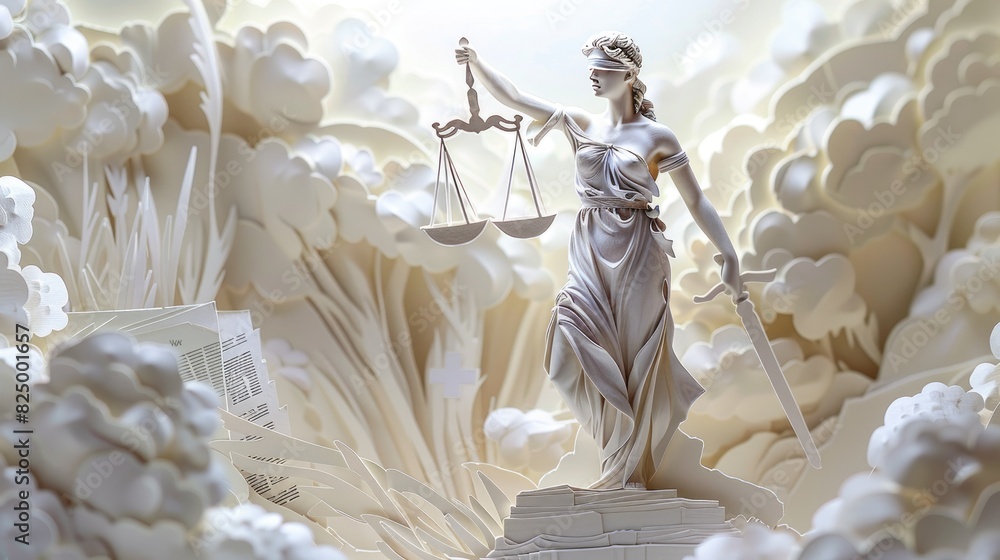 Monochromatic papercut illustration of Lady Justice, holding scales and ...