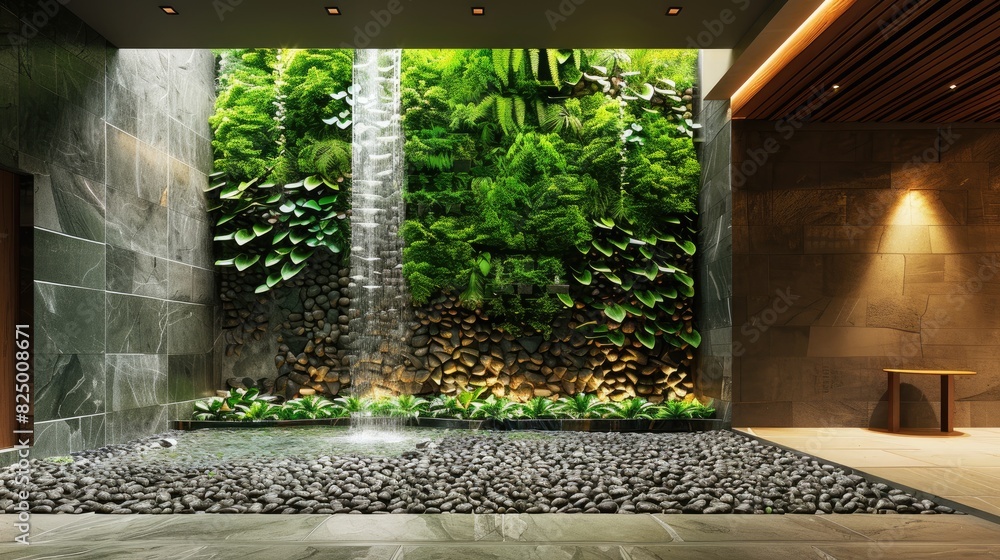 Boutique hotel lobby with vertical gardens and natural stone floors ...