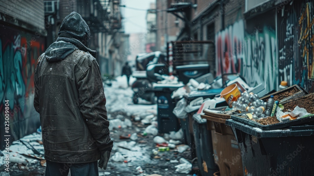 Candid shot of a homeless person looking through a trash bin in an ...