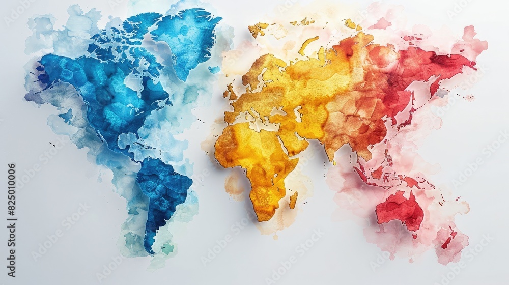 Colorful watercolor world map on white background highlighting ...