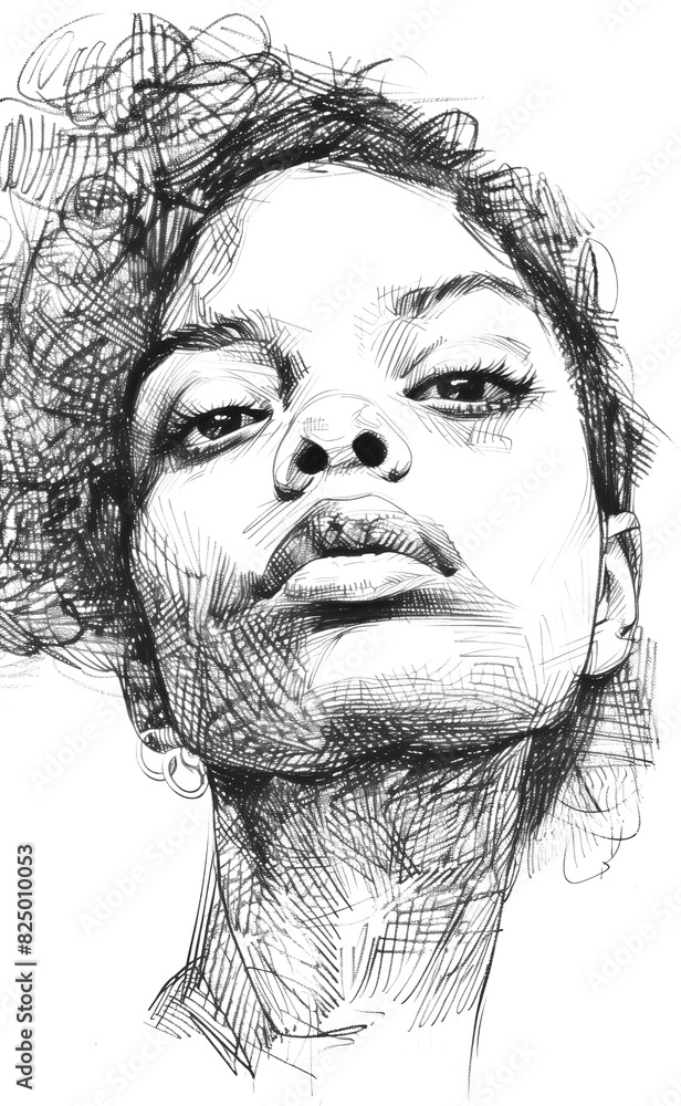 portrait of a pretty young woman of color. Doodle pencil drawing style ...
