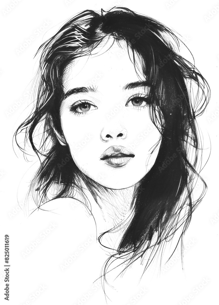 portrait of a pretty young Asian woman. Doodle pencil drawing style ...