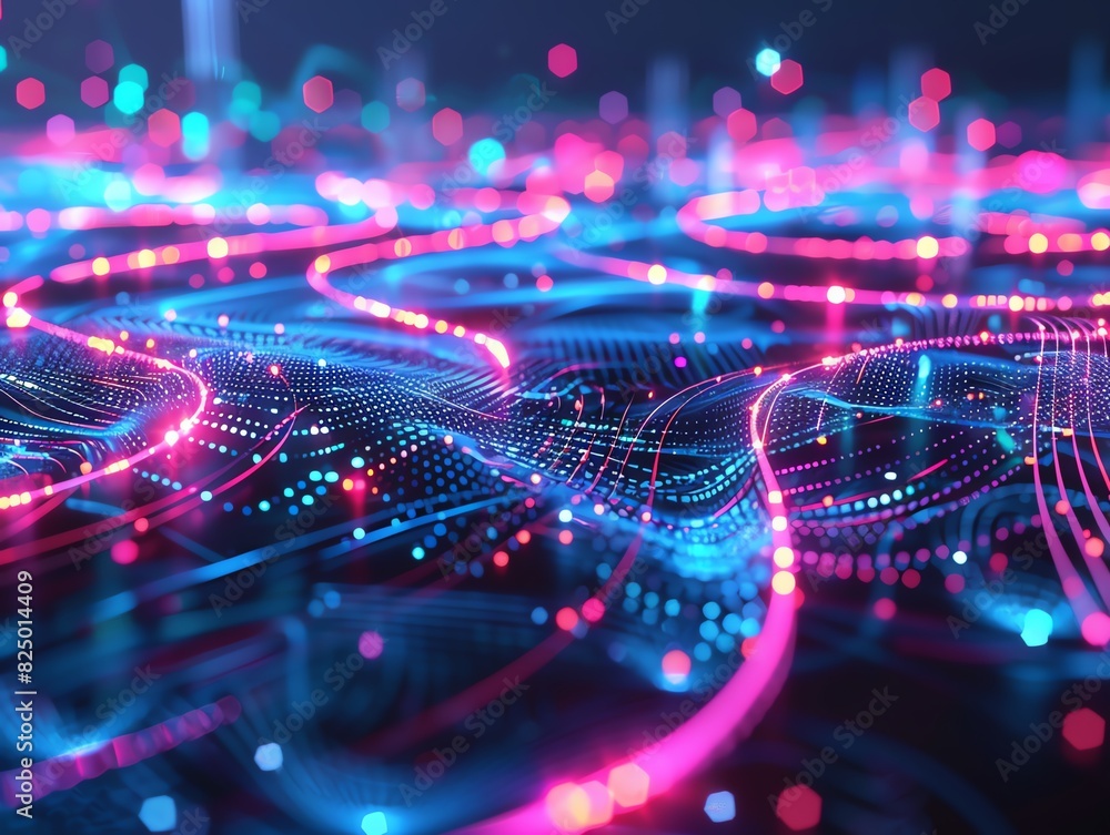 13. Data flow through a futuristic digital landscape, glowing lines and ...