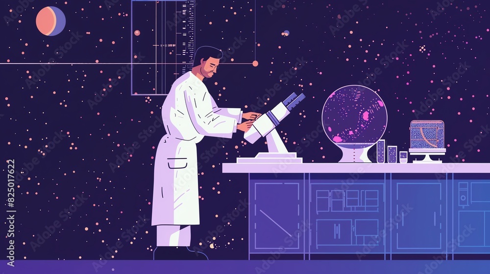 Astronomer in uniform flat design side view research lab theme cartoon ...