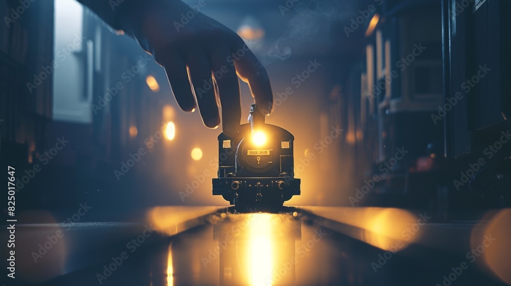 Circular toy train running on the tracks, The boy curiously and happily ...