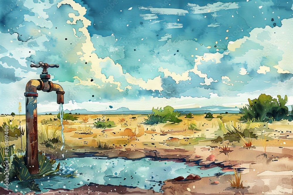 Illustrate a scene of water scarcity as an environmental issue in flat ...