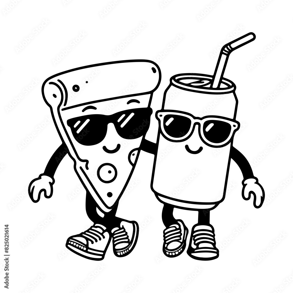 Cartoon pizza and soda can embraced as they strolled, both sporting ...