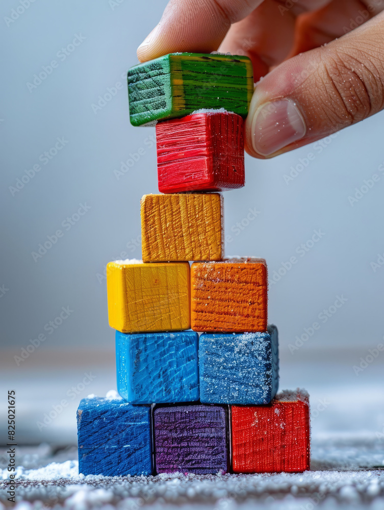 Child's hand stacking colorful wooden blocks in a tower shape. Stock ... Child's hand stacking colorful wooden blocks in a tower shape. Stock ...