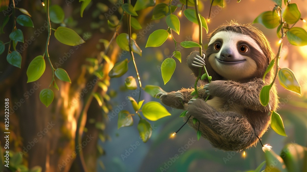 Imagine a charming scene featuring a cute cartoon sloth gracefully ...