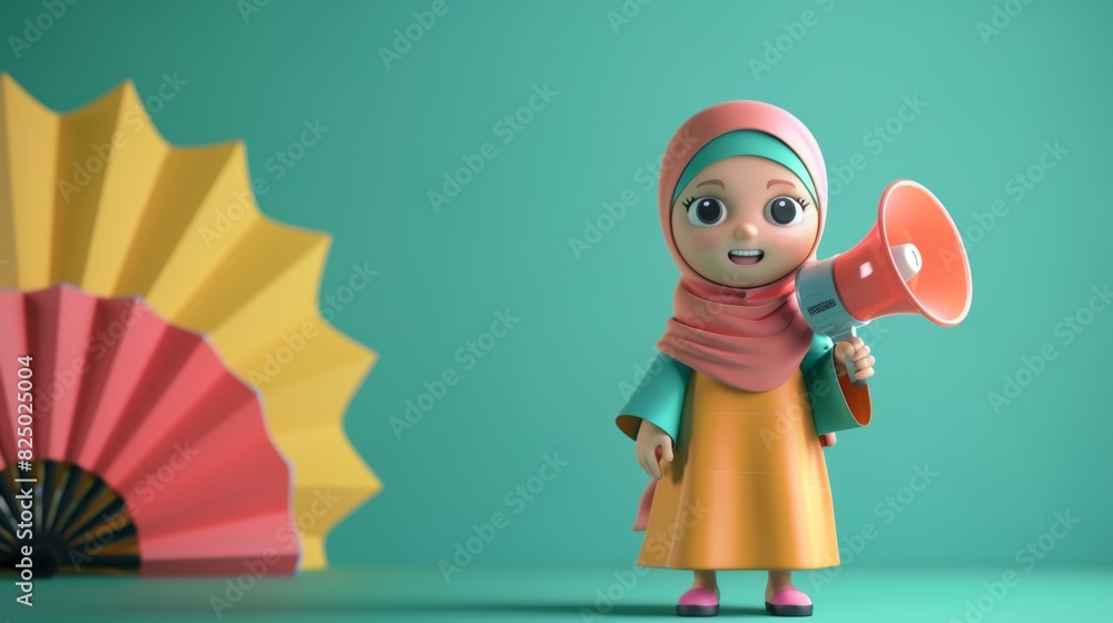 3D cartoon muslim female character wearing hijab holding speaker with ...