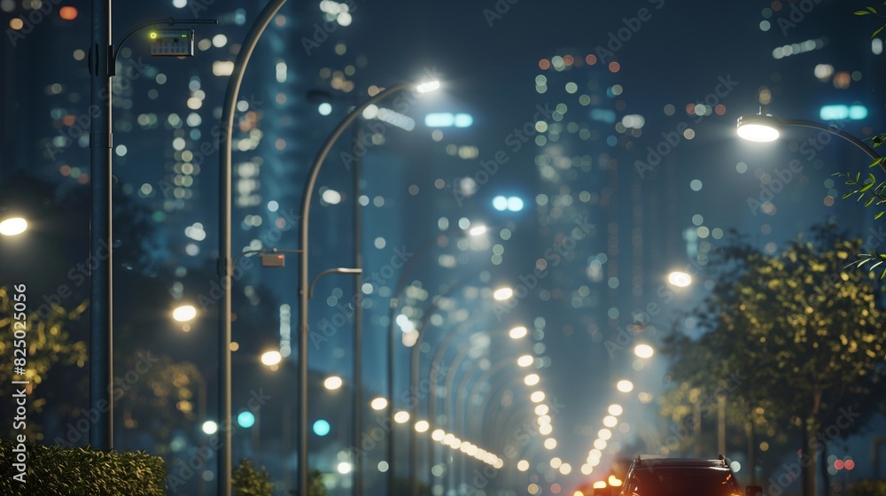 A dynamic cityscape illuminated by AI-powered smart streetlights that ...