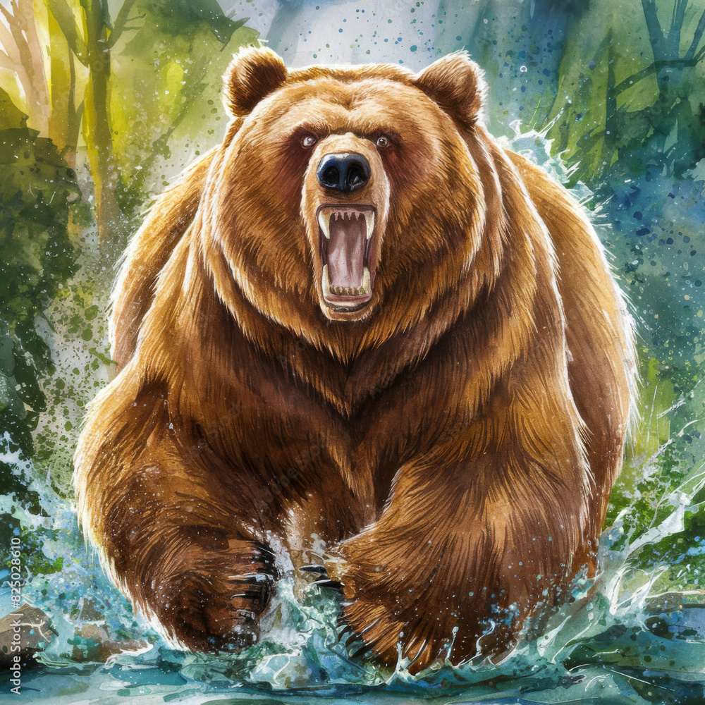 Roaring Brown Bear in Forest Setting: An Intense Wildlife Illustration ...