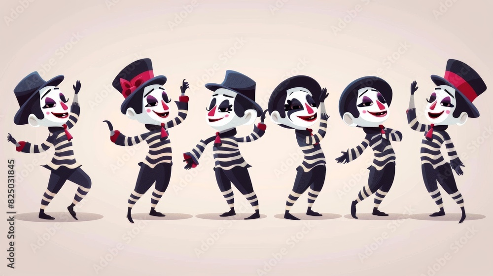 This cartoon set of mimes stands in typical mime poses, all with ...